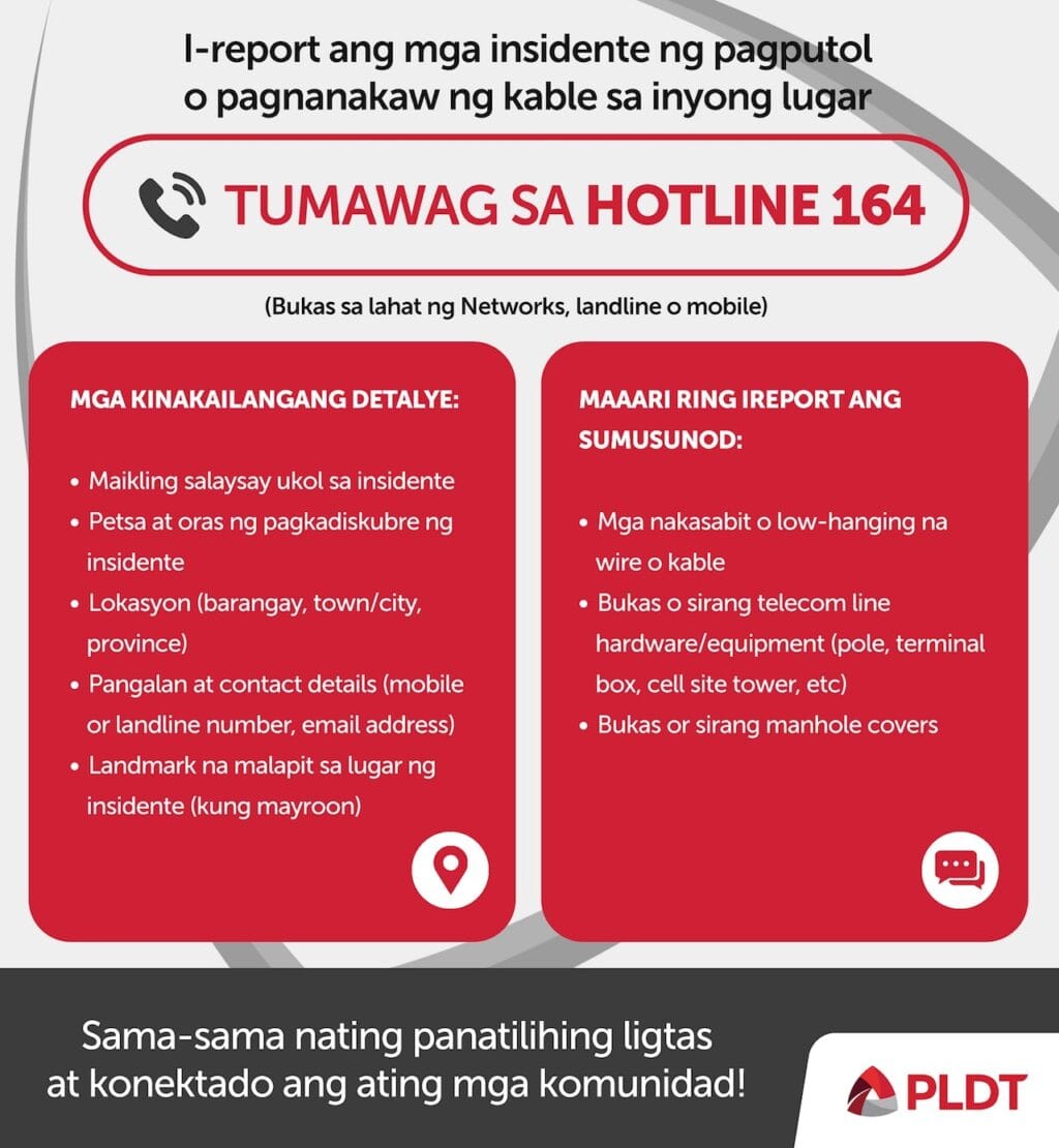 TELECOM | PLDT activates Hotline 164 for reporting cable theft